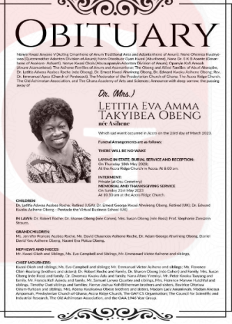 Dr. (Mrs) Letitia Eva Amma Takyibea Obeng | R.I.P Ghana